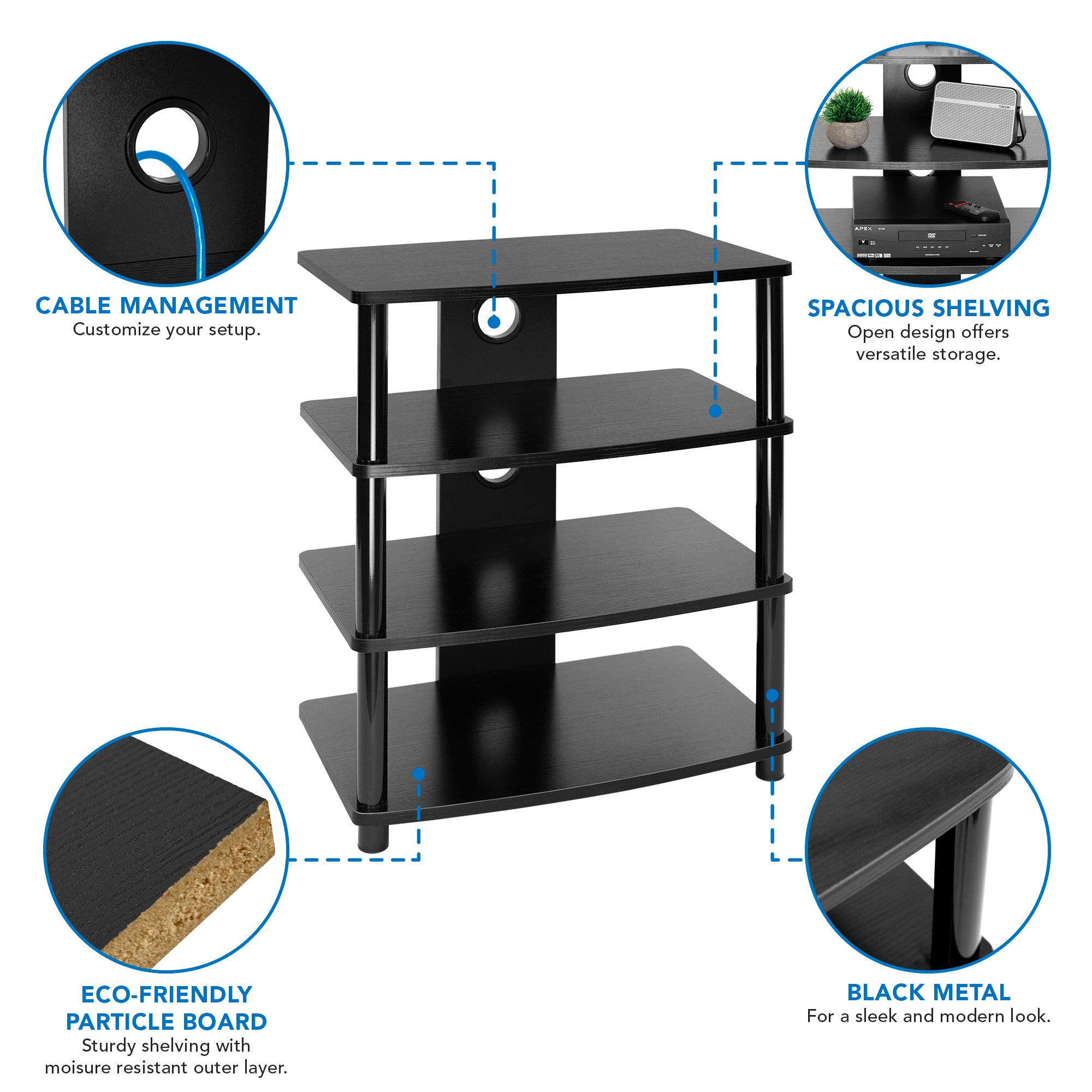 Mount-It! Media Stand Entertainment Center for TV, Audio Video Components, Stereo Equipment, Gaming Consoles, Streaming Devices, 4 Shelves, Black