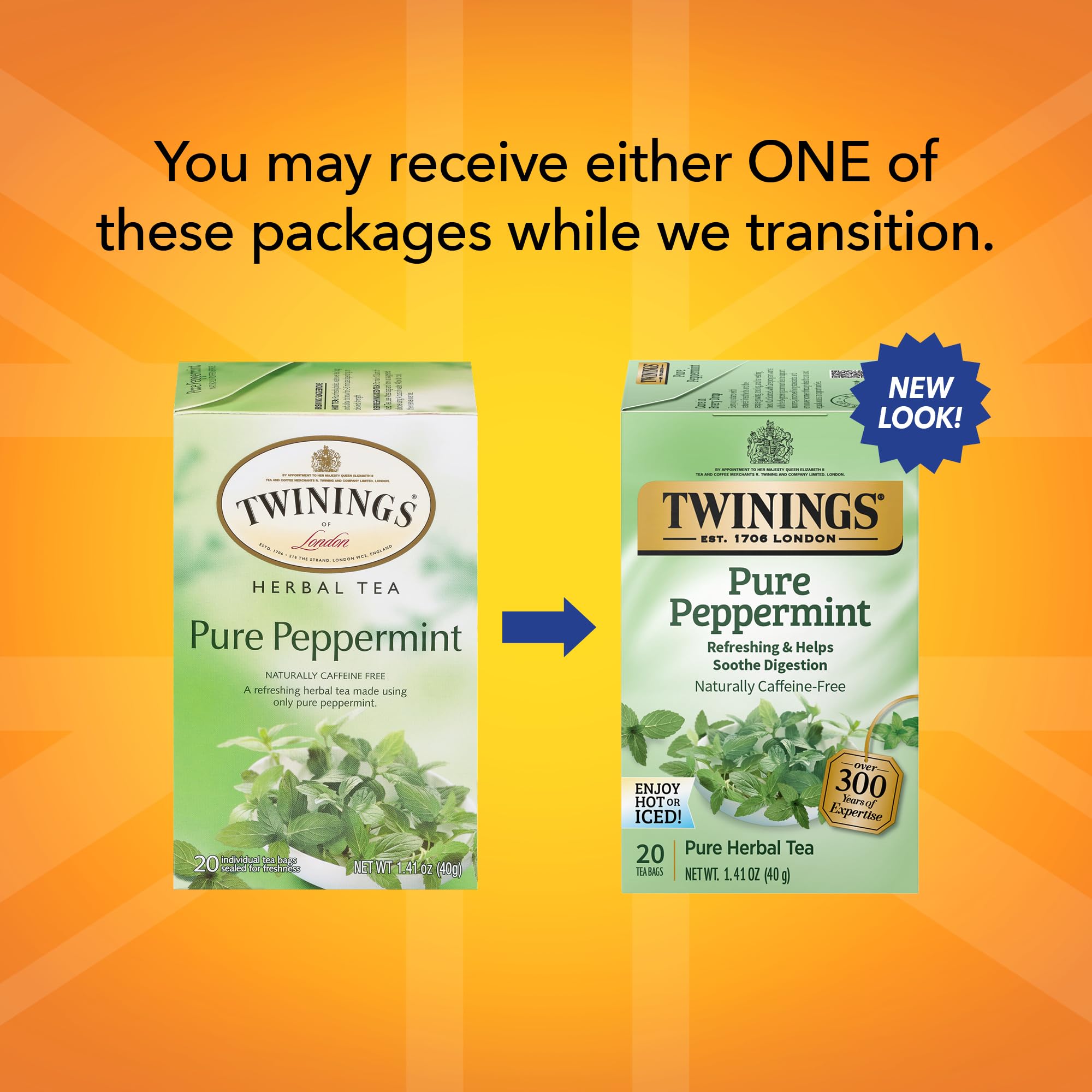 Twinings Pure Peppermint Herbal Tea Individually Wrapped Bags, 20 Count (Pack of 1), Fresh Minty Flavour, Naturally Caffeine-Free, Enjoy Hot or Iced | Packaging May Vary