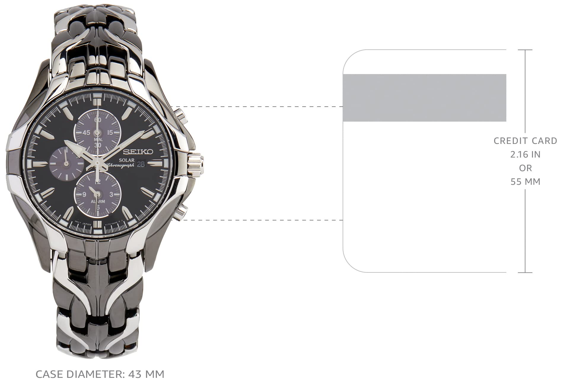 Seiko SSC139 Watch for Men - Analog, Solar Power, Stainless Steel, 43mm Case, Black Dial, 6-Month Power Reserve, Date Calendar, Water Resistant to 100m