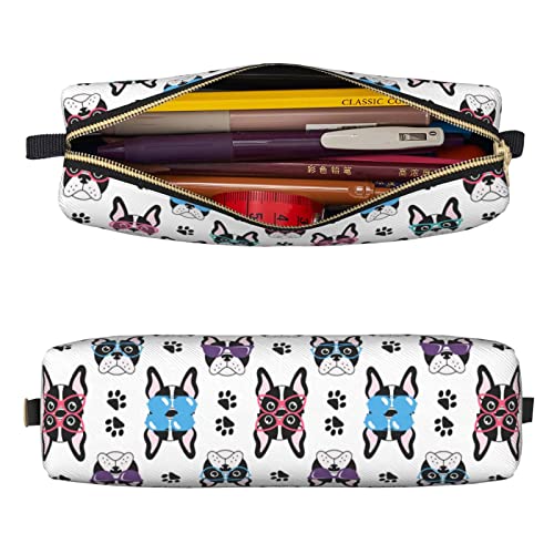French Bulldog Dog Paw Leather Pencil Case Bag with Zipper Women Makeup Bag Durable Portable Suitable for School Work and Office 8.3 x 2.2 In