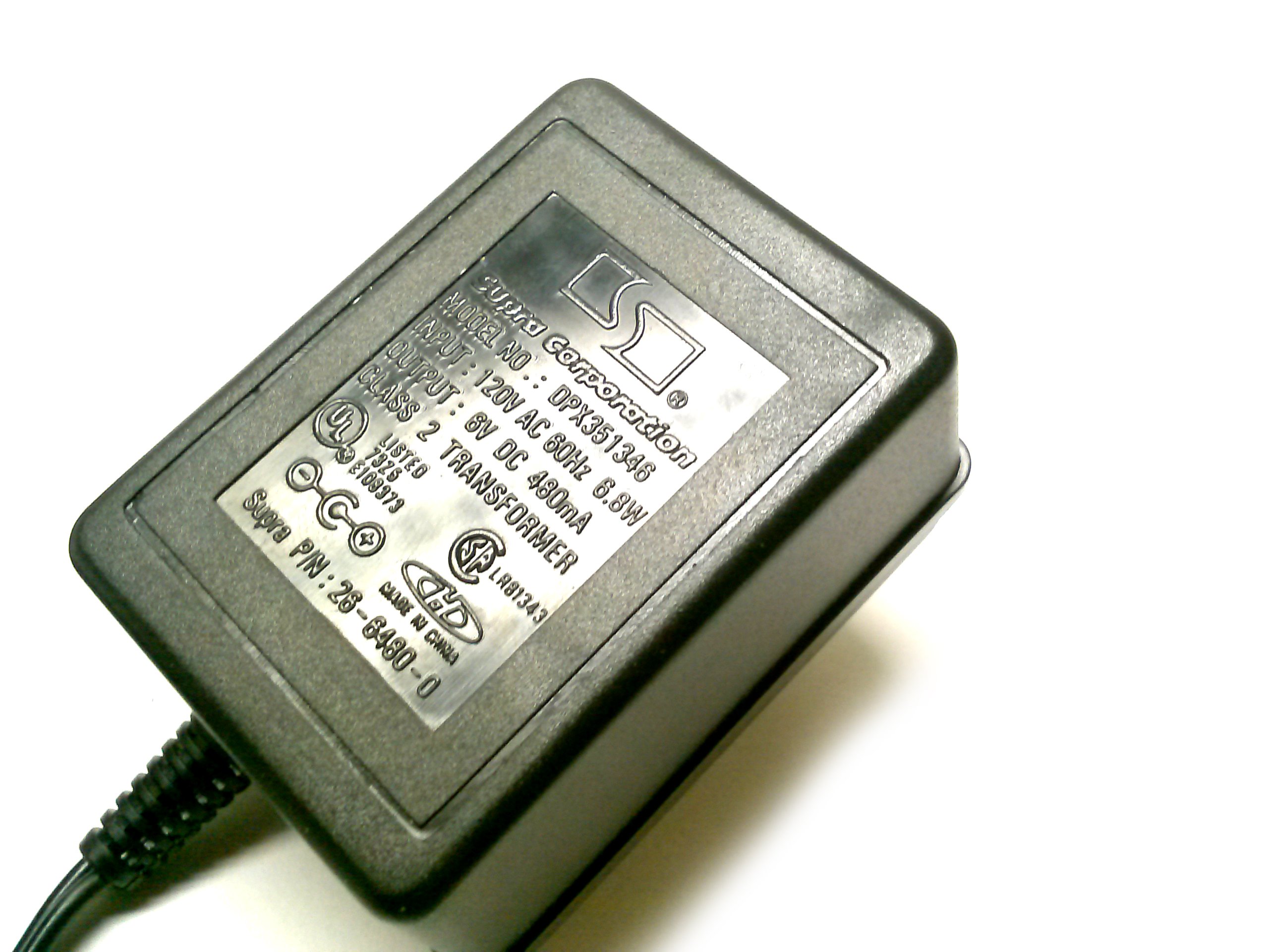 Supra AC-DC Adapter 6VOLTS DC @ 480mA 1.3mm DC Power Plug with Positive Center