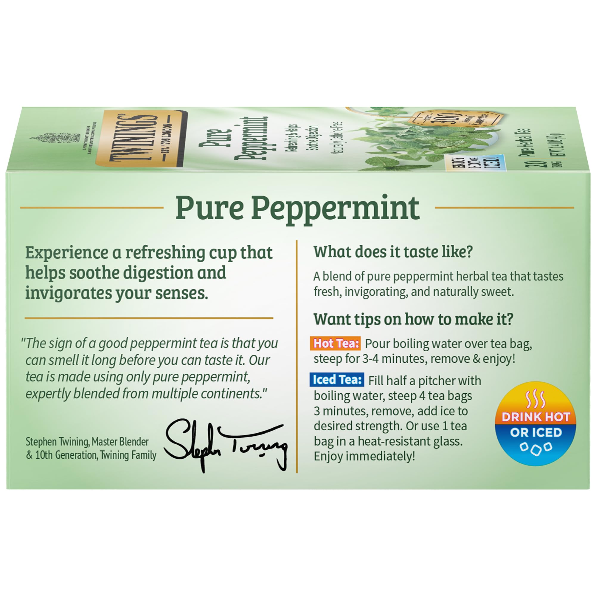 Twinings Pure Peppermint Herbal Tea Individually Wrapped Bags, 20 Count (Pack of 1), Fresh Minty Flavour, Naturally Caffeine-Free, Enjoy Hot or Iced | Packaging May Vary