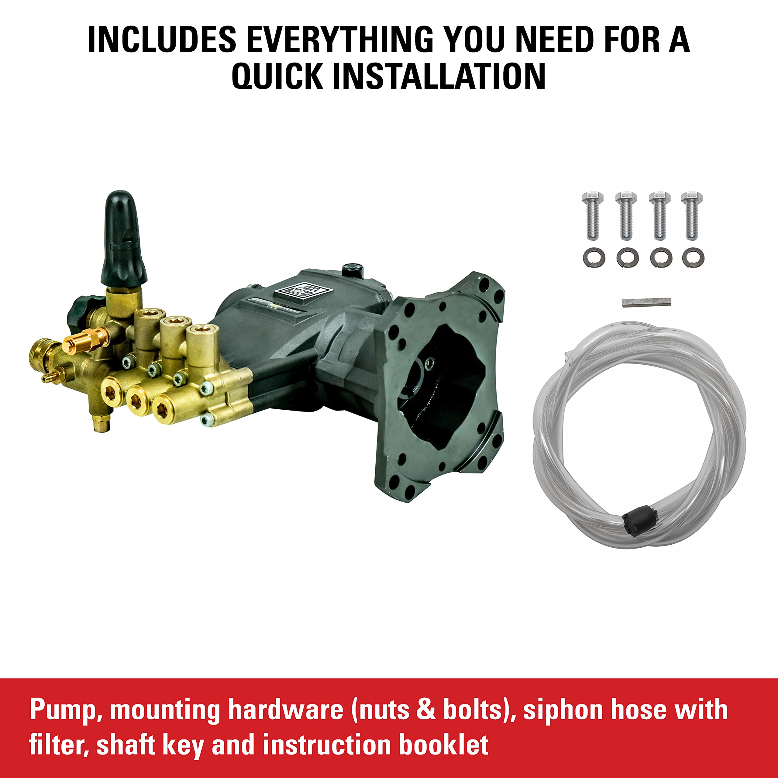 AAA 90039 Horizontal Triplex Plunger Replacement Pressure Washer Pump Kit, 4000 PSI, 3.5 GPM, 1" Shaft, Includes Hardware and Siphon Tube, for Industrial Gas Powered Machines