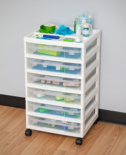 IRIS USA Fits 12" x 12" Paper, 6-Tier Scrapbook Rolling Storage Cart with Organizer Top for Papers Vinyl Tools Office Art and Craft Supplies, Yarn, White Frame with 6 Clear Cases w/ Built in Handle