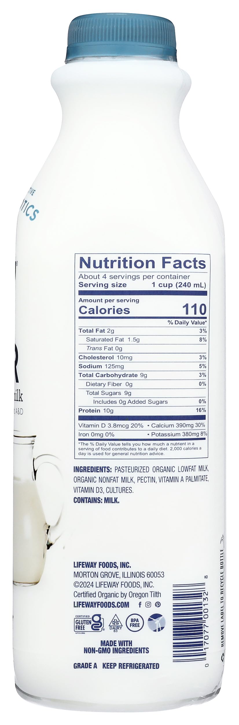 Lifeway Organic Low Fat Kefir, Plain, 32 Ounce, 11g Protein, 12 Live Active Cultures