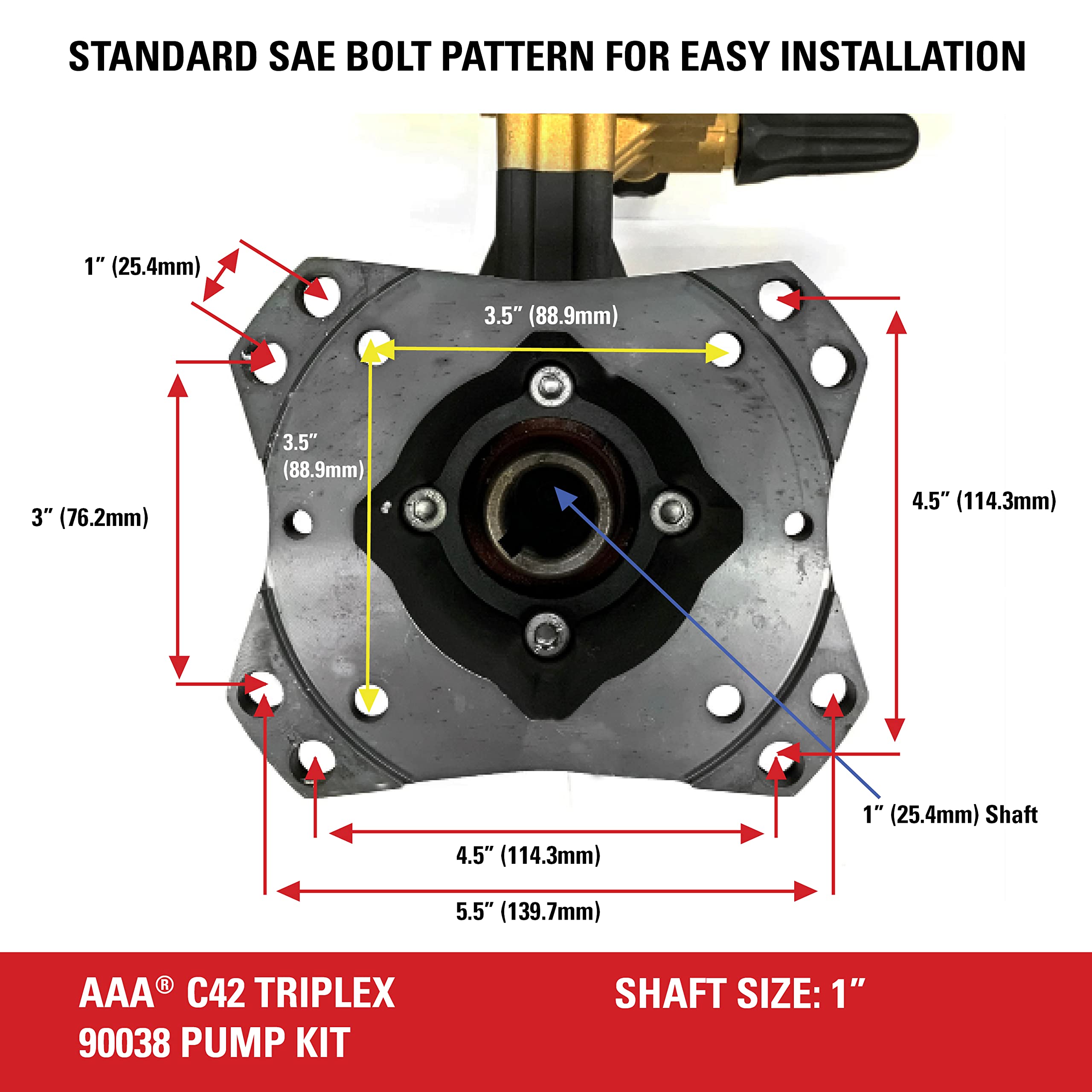 AAA Pumps 90038 Horizontal Triplex Plunger Replacement Pressure Washer Pump Kit, 3800 PSI, 3.5 GPM, 1" Shaft, Includes Hardware and Siphon Tube, for Industrial Gas Powered Machines, Black