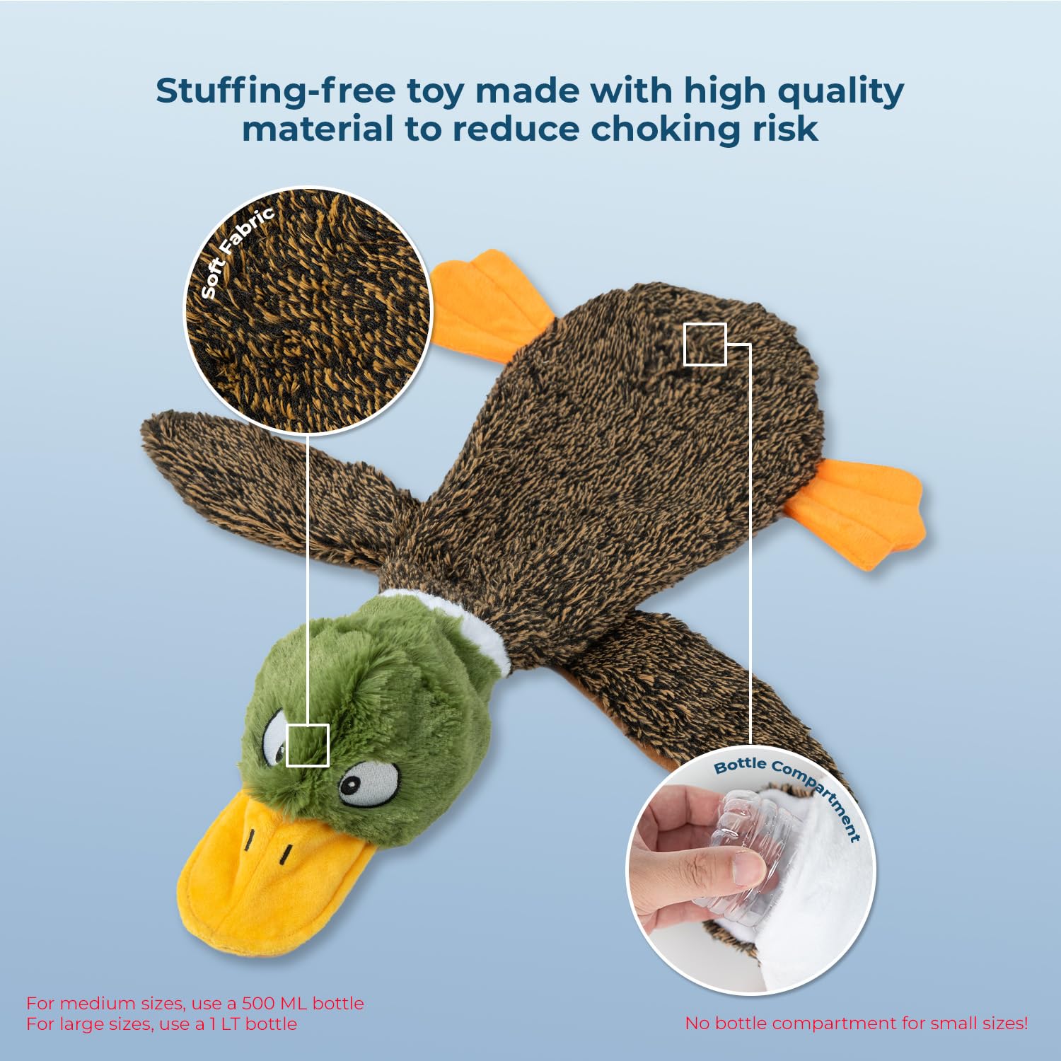 Best Pet Supplies 2-in-1 Stuffless Squeaky Dog Toys with Soft, Durable Fabric for Small, Medium, and Large Pets, No Stuffing for Indoor Play, Holds a Plastic Bottle - 1Wild Duck, Medium