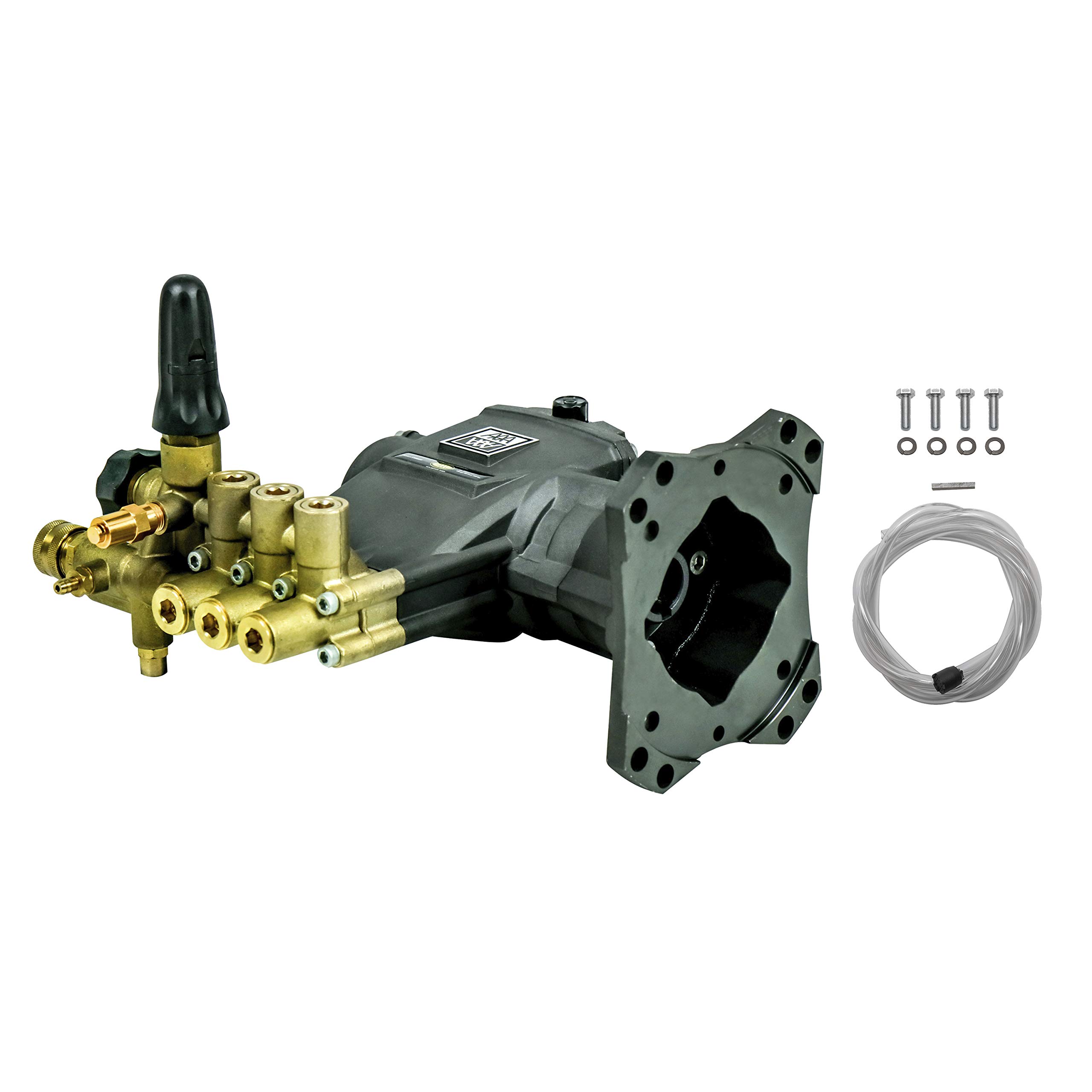 AAA Pumps 90038 Horizontal Triplex Plunger Replacement Pressure Washer Pump Kit, 3800 PSI, 3.5 GPM, 1" Shaft, Includes Hardware and Siphon Tube, for Industrial Gas Powered Machines, Black