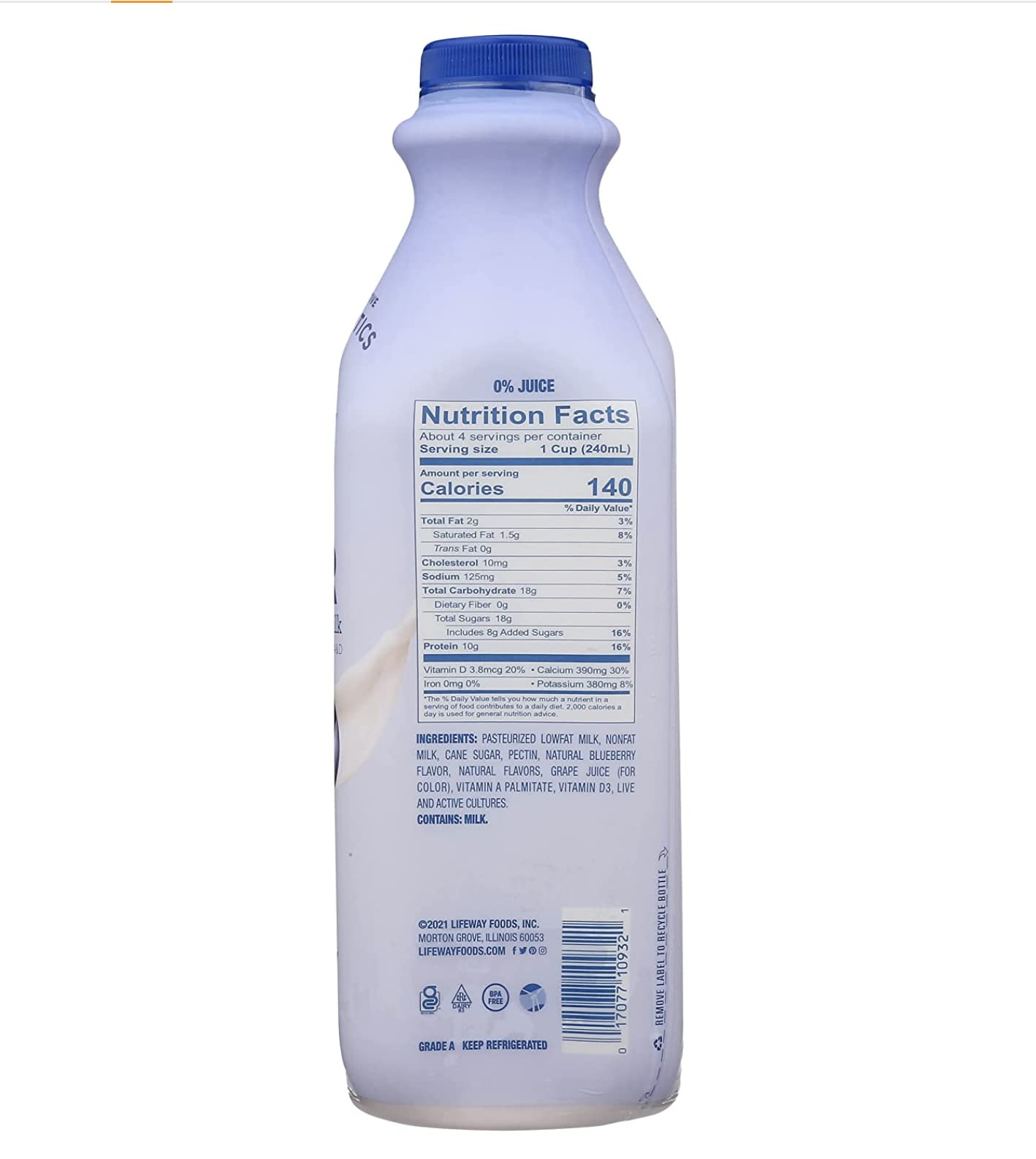 Lifeway Low Fat Kefir - 10g Protein, 12 Live Active Probiotic Cultures, Up to 99% Lactose Free, Gluten Free – Blueberry, 32 oz