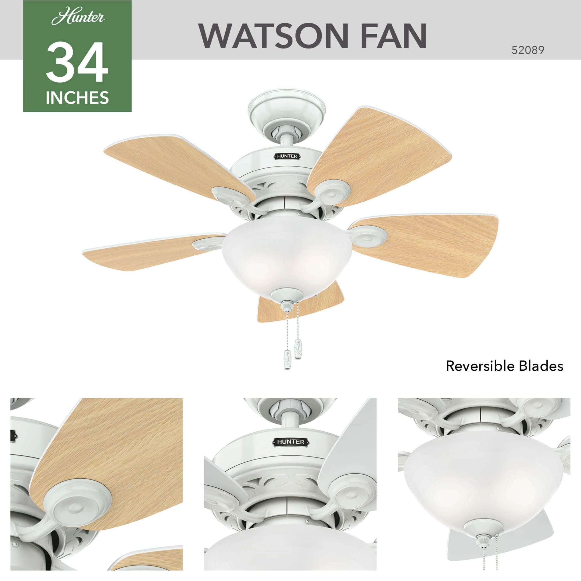 Hunter Fan Company, 52089, 34 inch Watson Snow White Ceiling Fan with LED Light Kit and Pull Chain
