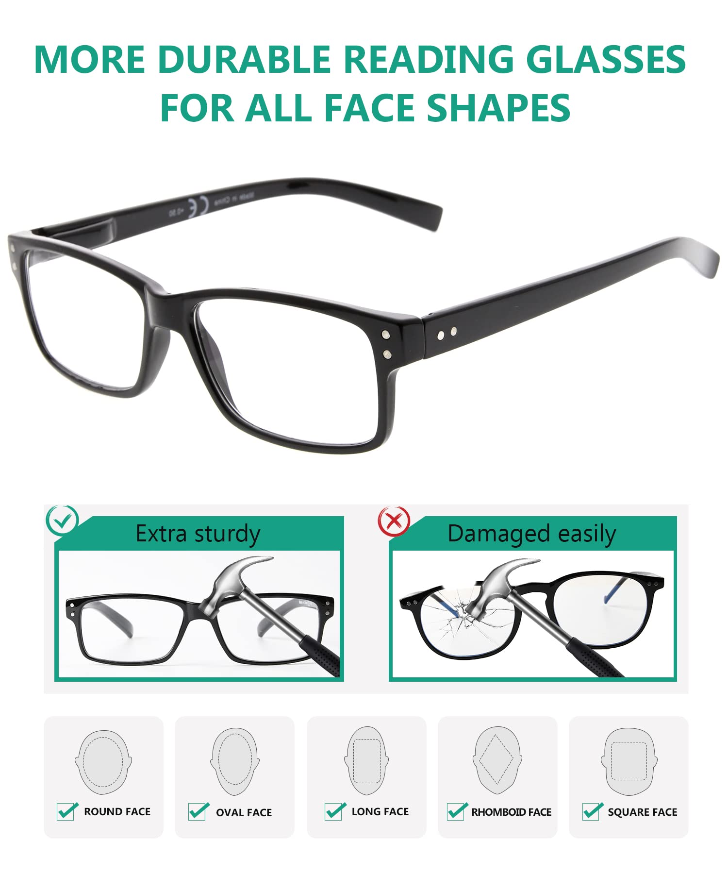 Eyekepper 5 Pack Reading Glasses for Men Spring Hinges Classic Readers Black Frame +2.50