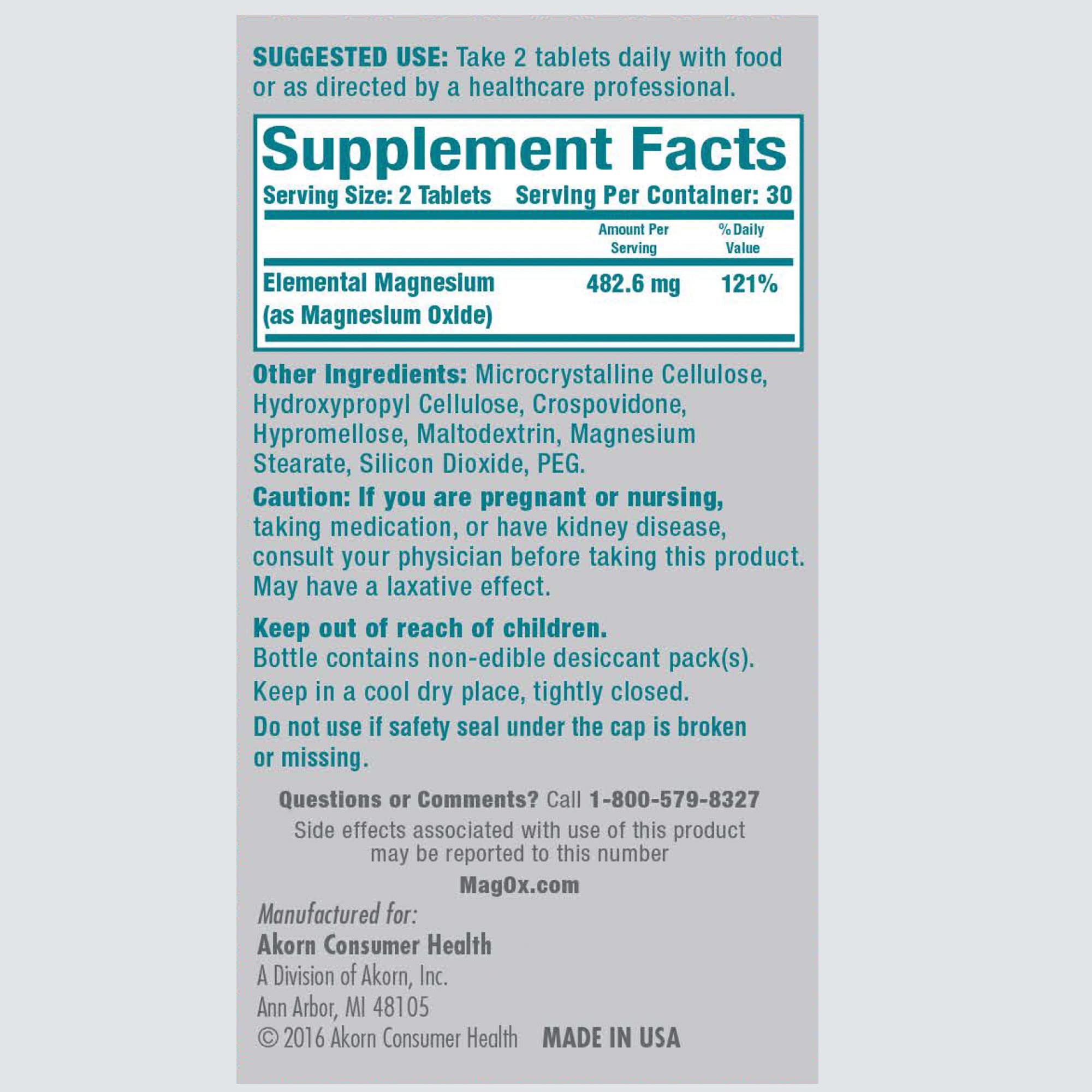 Mag-Ox Magnesium Supplement, Pharmaceutical Grade Magnesium Oxide 483mg, Most Concentrated Form of Magnesium, 120 Tablets