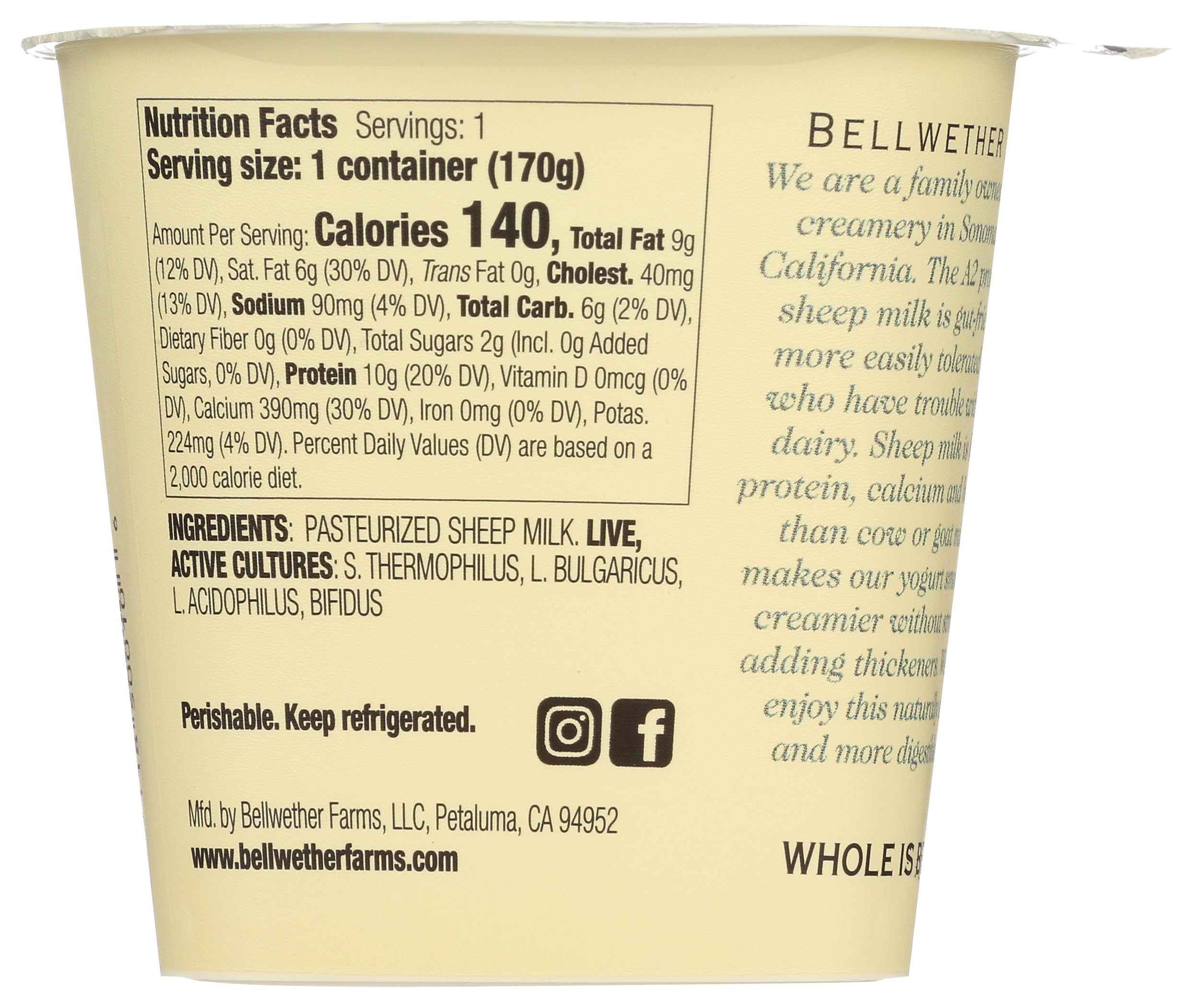 Bellwether Farms, Sheep Milk Yogurt, Plain, 6 oz
