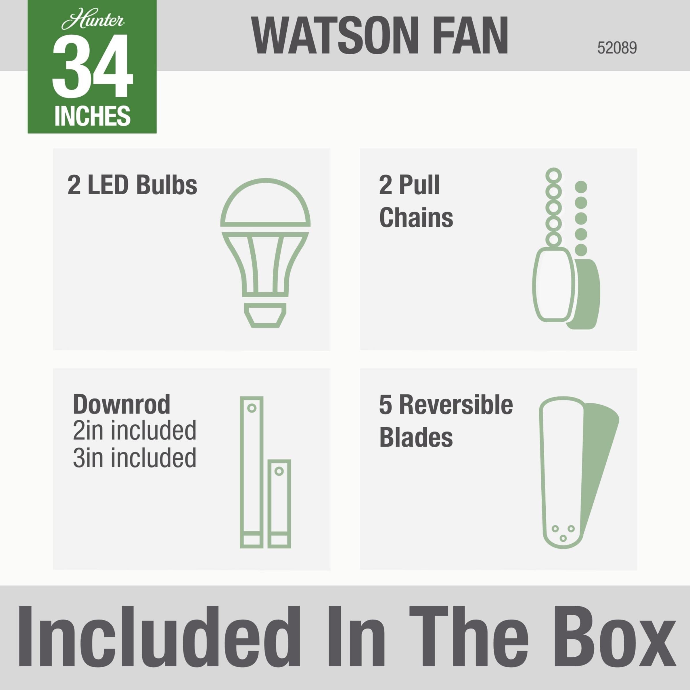 Hunter Fan Company, 52089, 34 inch Watson Snow White Ceiling Fan with LED Light Kit and Pull Chain
