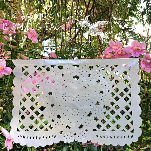 White Papel Picado Mexican Paper -5Pack- Medium Mexican White Banners -60 Panels Wedding Bridal Decorations Garland Flags 16 Feet Long Each Strip -Handmade by Mexican Artisans