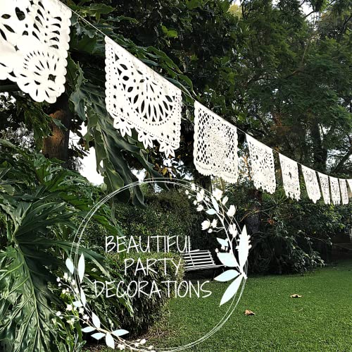 White Papel Picado Mexican Paper -5Pack- Medium Mexican White Banners -60 Panels Wedding Bridal Decorations Garland Flags 16 Feet Long Each Strip -Handmade by Mexican Artisans