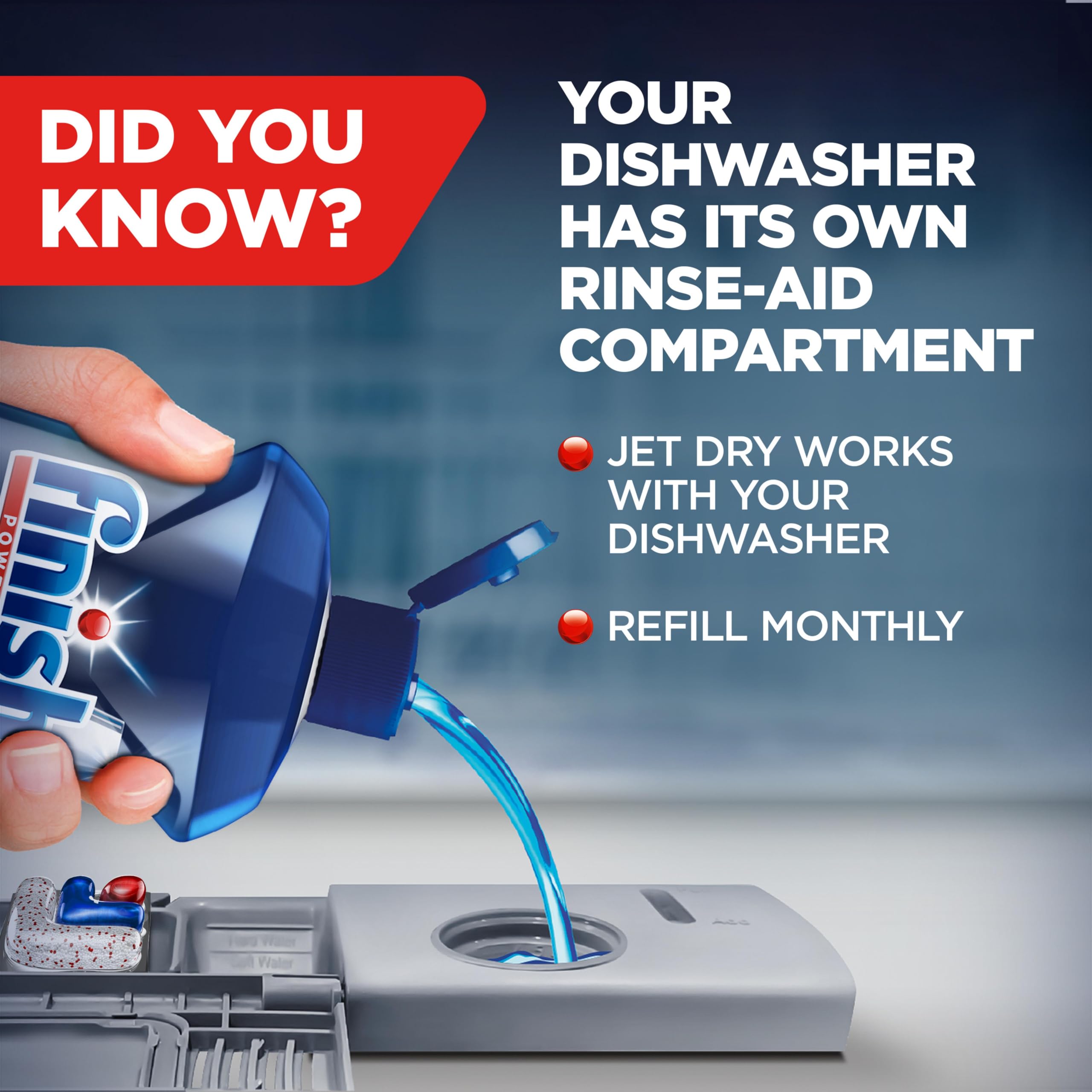 Finish Jet-Dry Dishwasher Rinse Aid, Compatible with Dishwasher Detergent, Prevents Spots & Residues, Dries, Shine & Protects, 16 oz, 155 Washes.