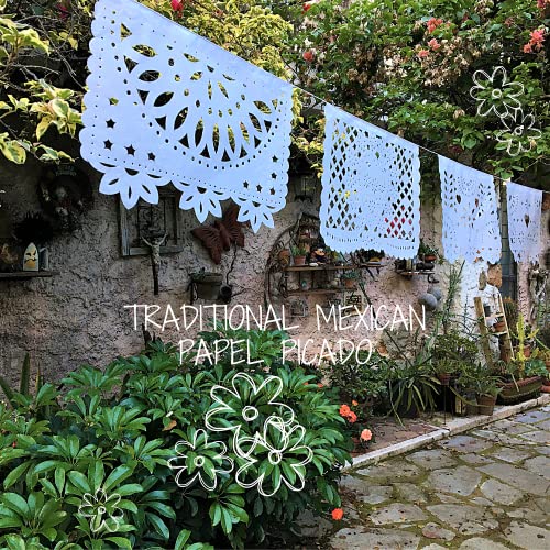 White Papel Picado Mexican Paper -5Pack- Medium Mexican White Banners -60 Panels Wedding Bridal Decorations Garland Flags 16 Feet Long Each Strip -Handmade by Mexican Artisans