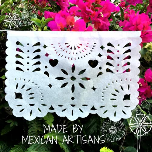 White Papel Picado Mexican Paper -5Pack- Medium Mexican White Banners -60 Panels Wedding Bridal Decorations Garland Flags 16 Feet Long Each Strip -Handmade by Mexican Artisans
