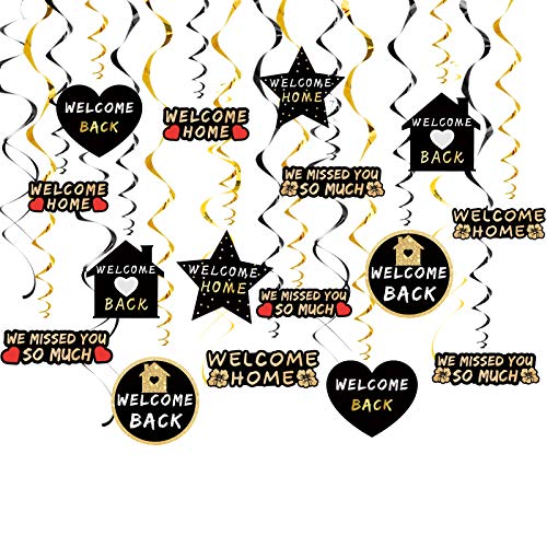 Lnlofen Welcome Home Party Hanging Swirls Decorations, 24Pcs Gold Home Welcoming Party Hanging Swirl Supplies, Homecoming Party Welcome Back Home Family Hanging Decor