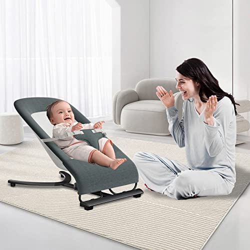 Baby Bouncer, Portable Bouncer Seat for Babies, Portable Baby Rocker with 3-Point Harness, Portable Rocker with Mesh Fabric and Babies Soothing Vibrations (Grey)