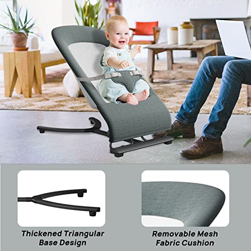 Baby Bouncer, Portable Bouncer Seat for Babies, Portable Baby Rocker with 3-Point Harness, Portable Rocker with Mesh Fabric and Babies Soothing Vibrations (Grey)