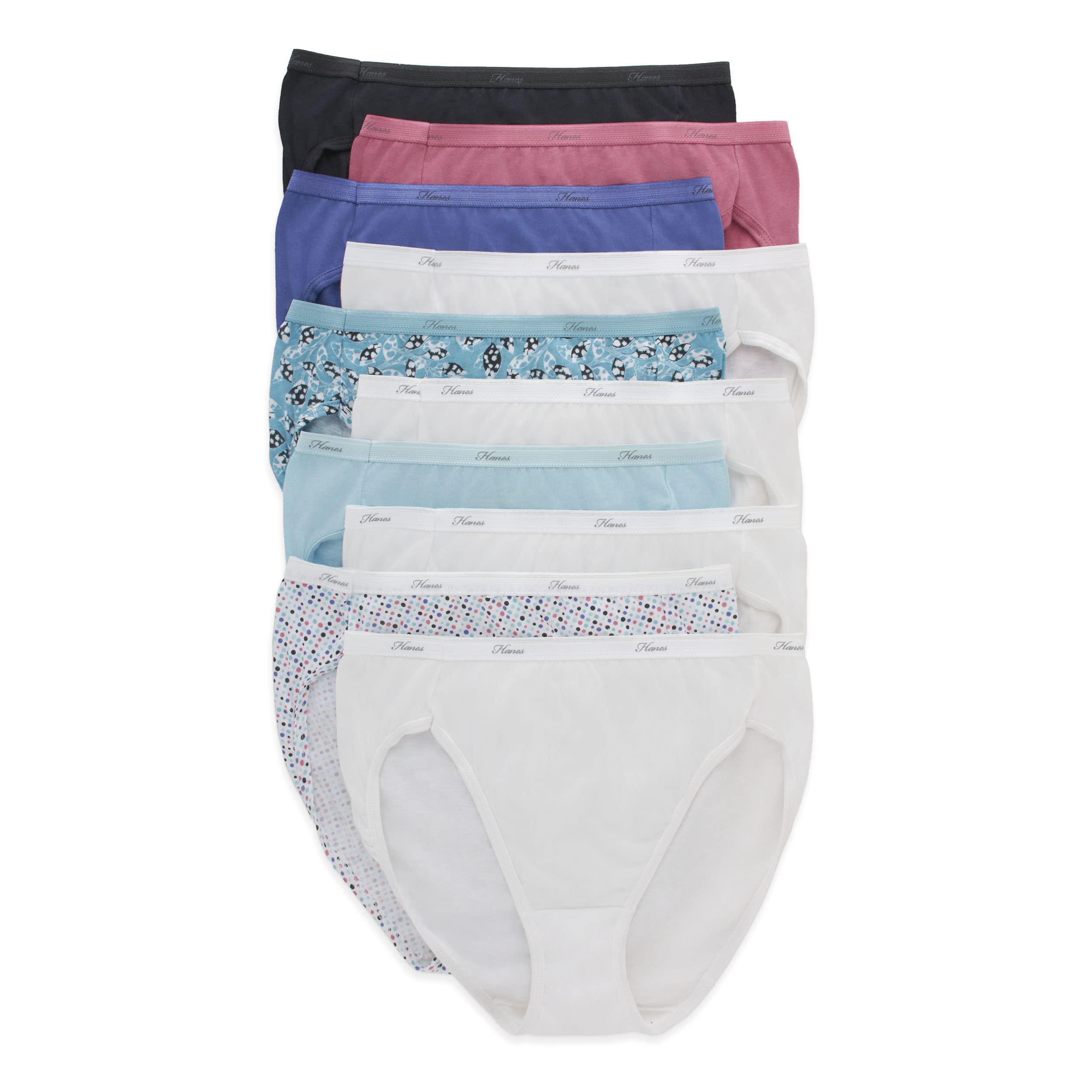 Hanes Womens Hi-cut Cotton Underwear, Value 10-pack, Assorted High-waisted Panties (Colors May Vary) Briefs-underwear, Solid/Print Mix, 10 US