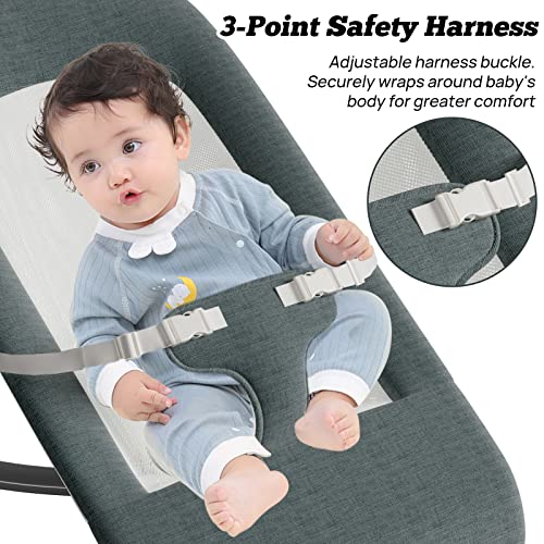 Baby Bouncer, Portable Bouncer Seat for Babies, Portable Baby Rocker with 3-Point Harness, Portable Rocker with Mesh Fabric and Babies Soothing Vibrations (Grey)