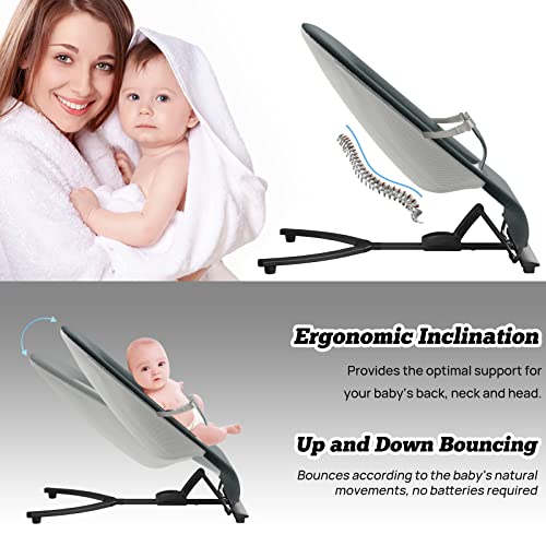 Baby Bouncer, Portable Bouncer Seat for Babies, Portable Baby Rocker with 3-Point Harness, Portable Rocker with Mesh Fabric and Babies Soothing Vibrations (Grey)