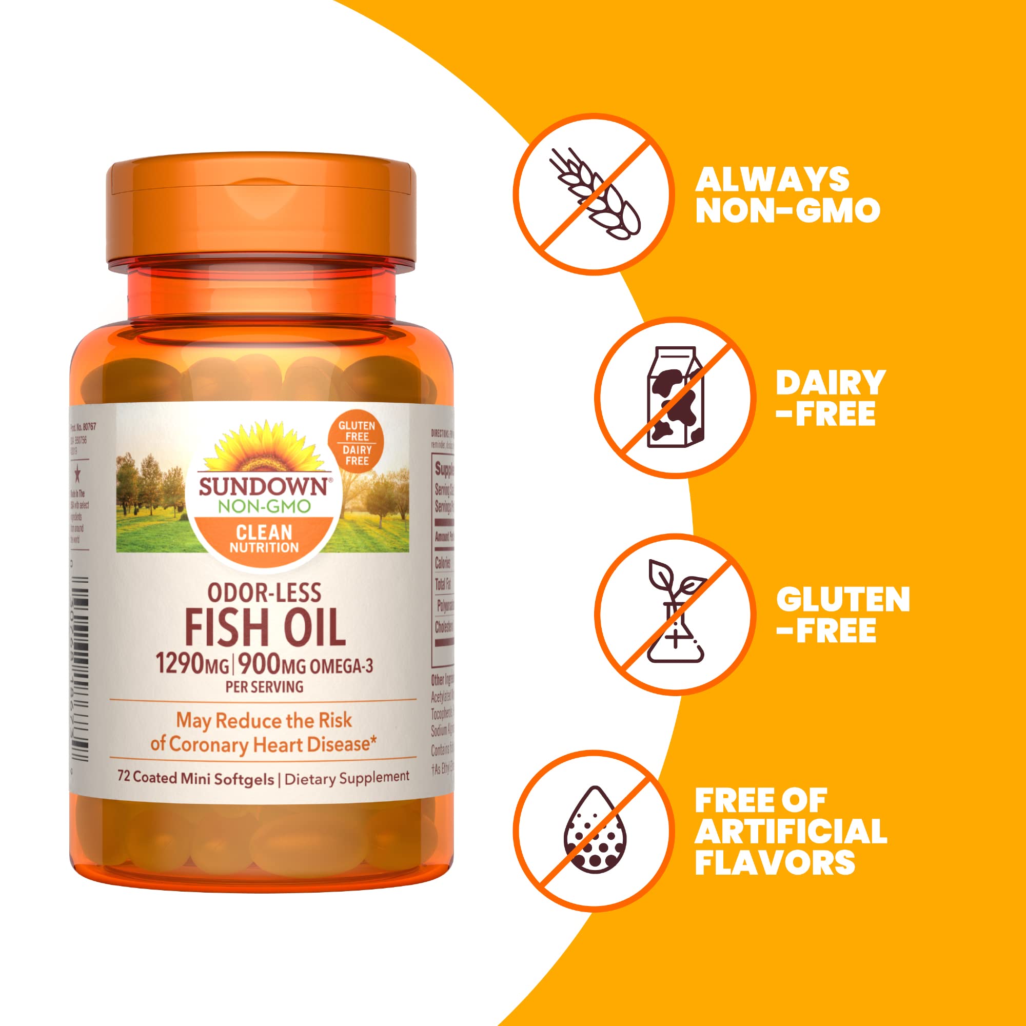 Sundown Odorless Fish Oil, 1290mg, Omega 3 Dietary Supplement, Supports Heart Health, 72 Coated Mini Softgels
