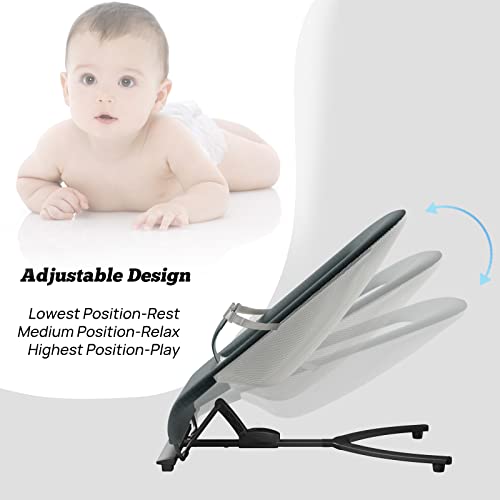 Baby Bouncer, Portable Bouncer Seat for Babies, Portable Baby Rocker with 3-Point Harness, Portable Rocker with Mesh Fabric and Babies Soothing Vibrations (Grey)