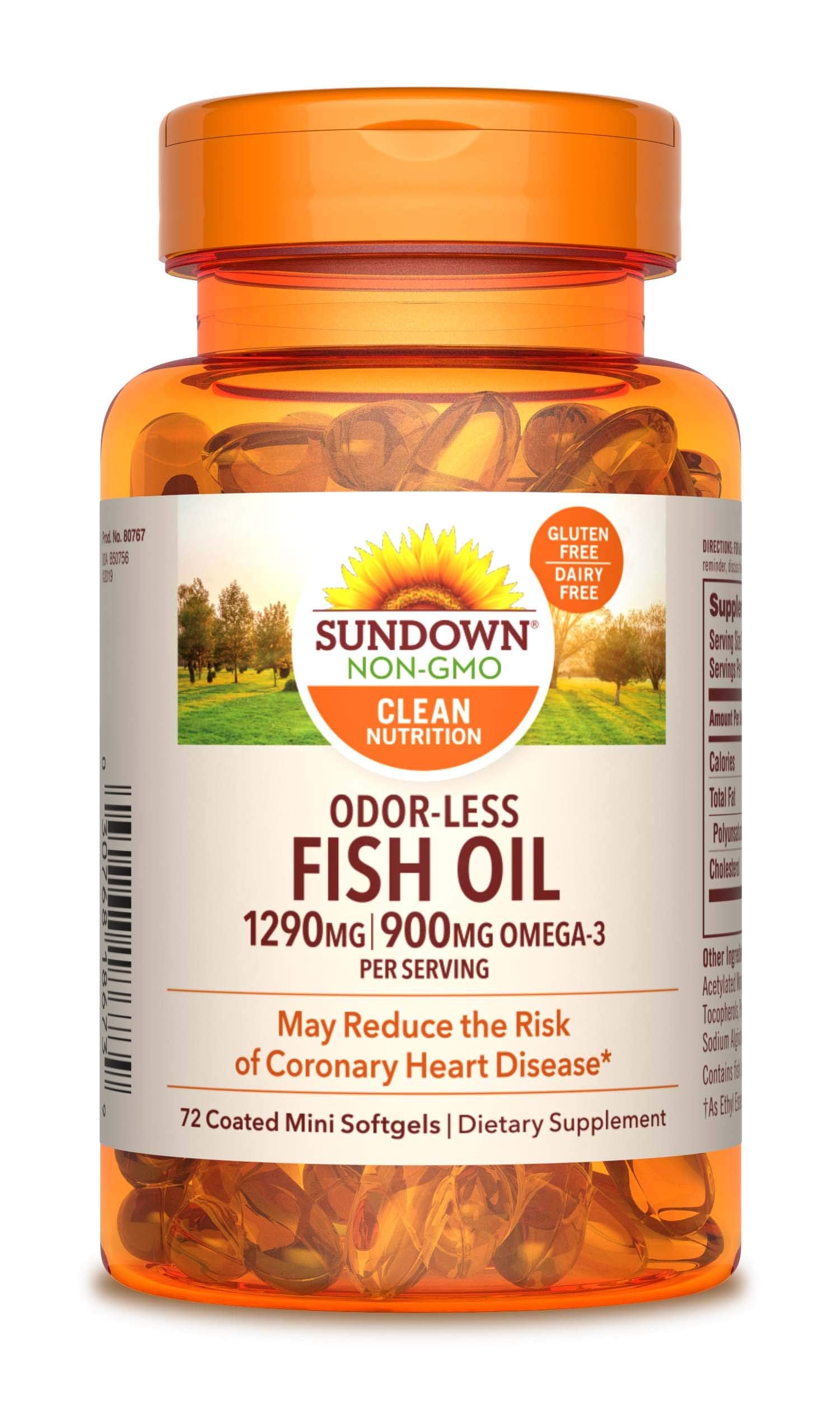 Sundown Odorless Fish Oil, 1290mg, Omega 3 Dietary Supplement, Supports Heart Health, 72 Coated Mini Softgels