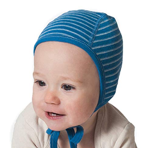 Hocosa Baby Cap in Organic Merino Wool, Blue/White Stripe, Size 1 (0-6 mo)
