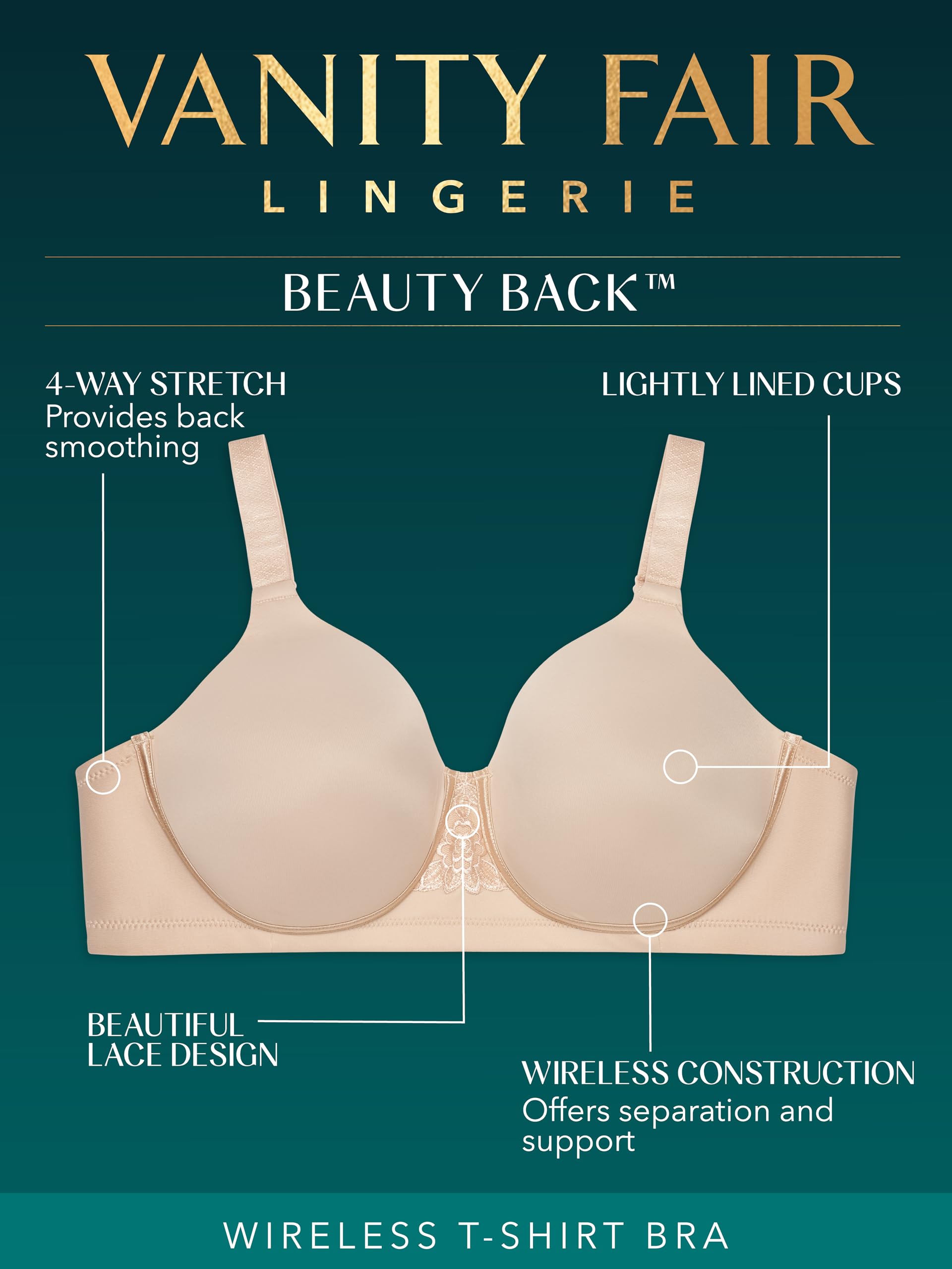 Vanity Fair womens Full Figure Beauty Back Smoothing Bra, Wirefree - Beige, 40D US