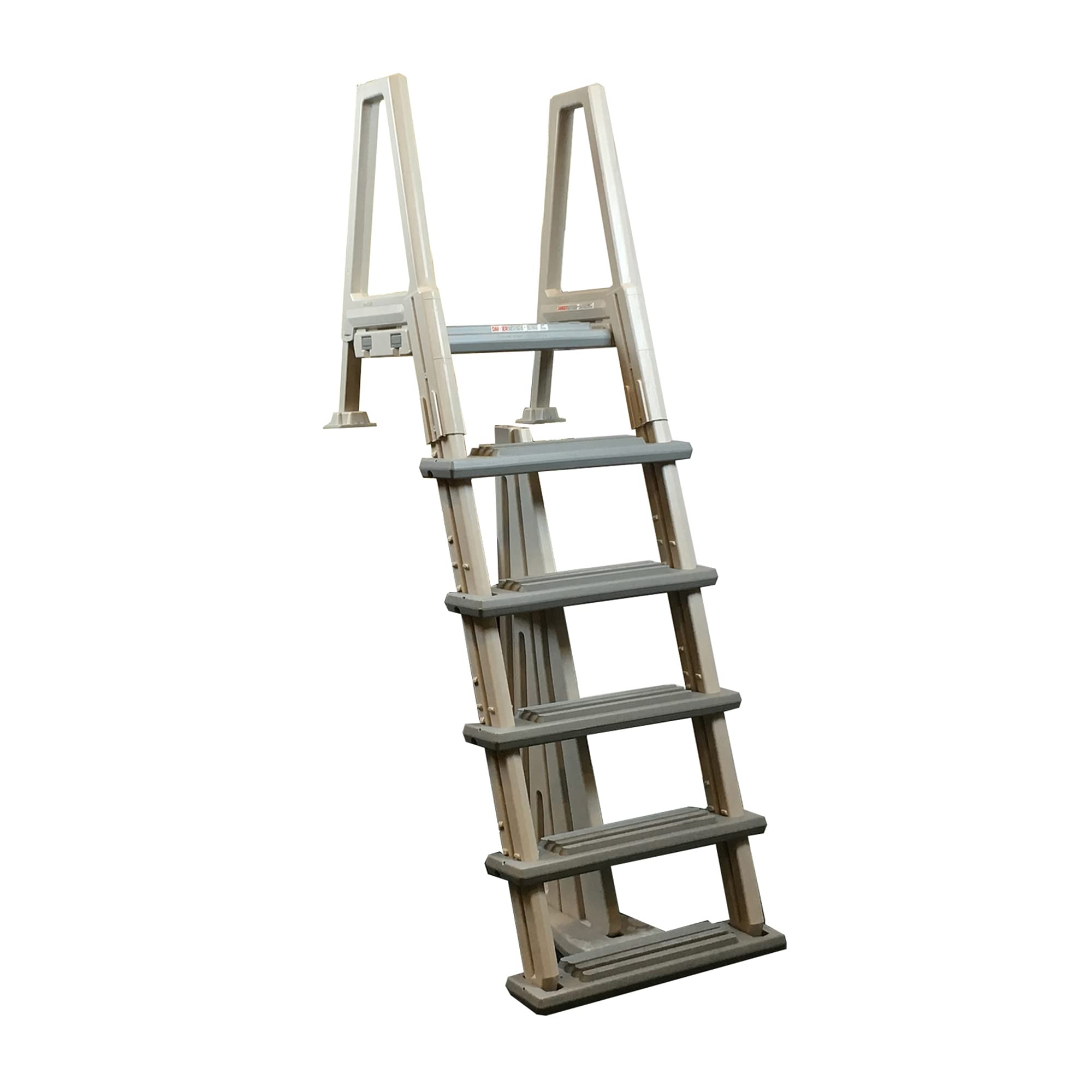 Confer Heavy Duty Adjustable Above Ground in Pool Swimming Pool Ladder with Deck Platform, White Side Rails, and Grey Treads, Blue