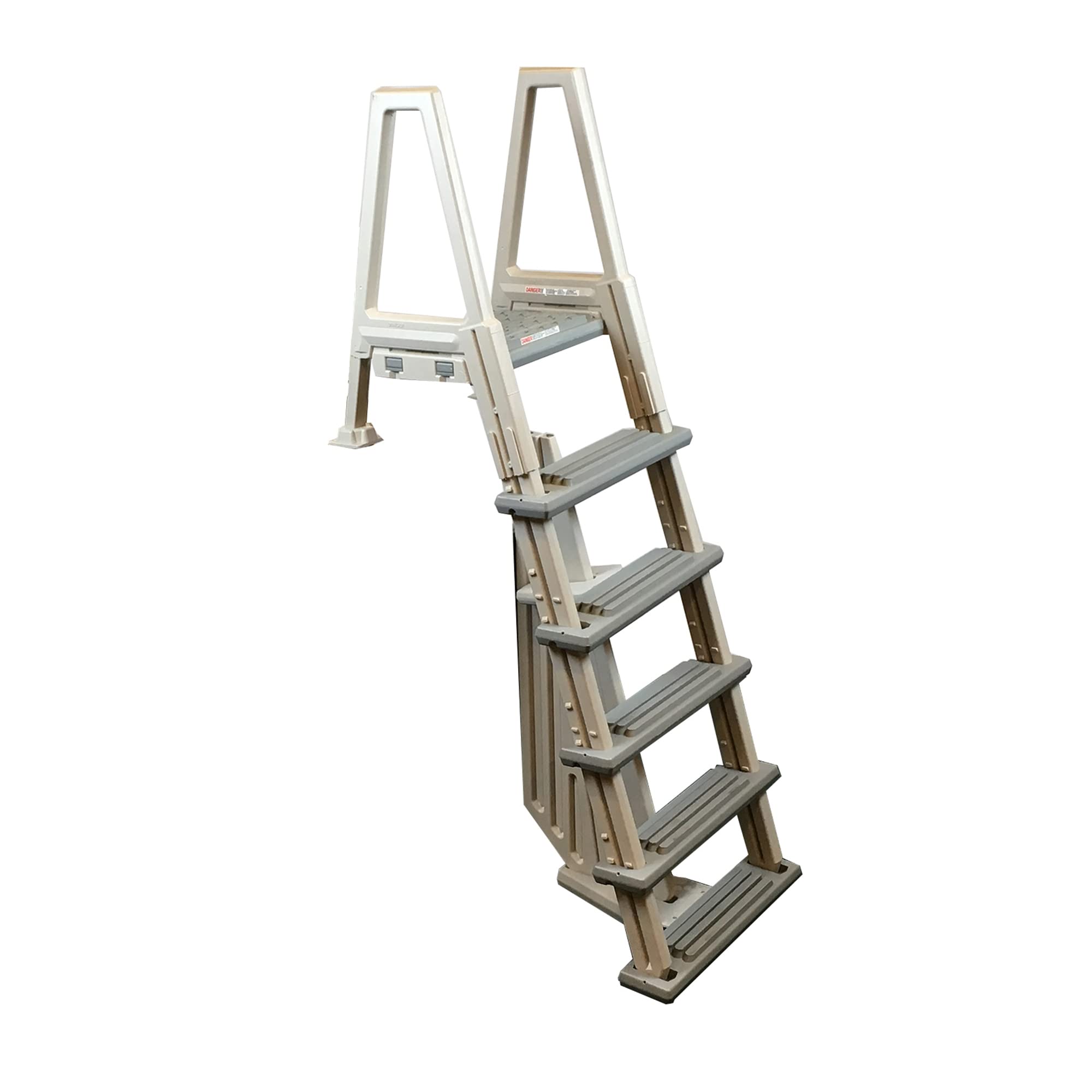 Confer Heavy Duty Adjustable Above Ground in Pool Swimming Pool Ladder with Deck Platform, White Side Rails, and Grey Treads, Blue