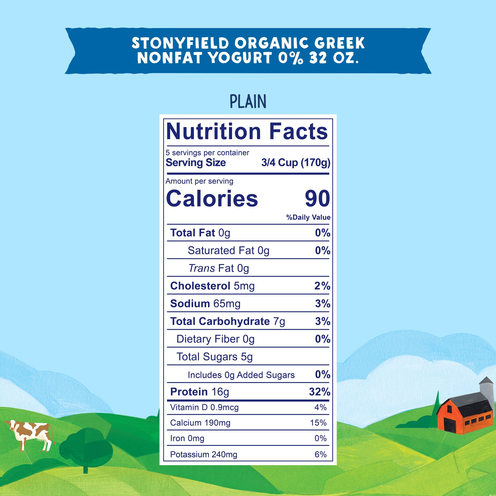 Stonyfield Organic Greek Nonfat Yogurt, Plain, 32 oz. – High in Protein (16g), 0% Fat; Multiserving Yogurt Snack & Cooking Substitute