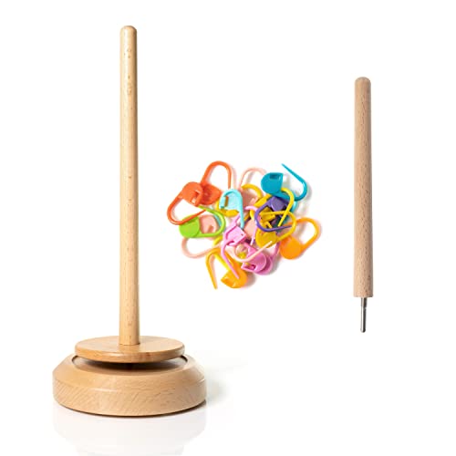 Birdtown Traders Single Yarn Spindle Holder - Thread Spinner Organizer for Knitting, Crocheting - Complete with 20 Piece Colorful Stitch Markers
