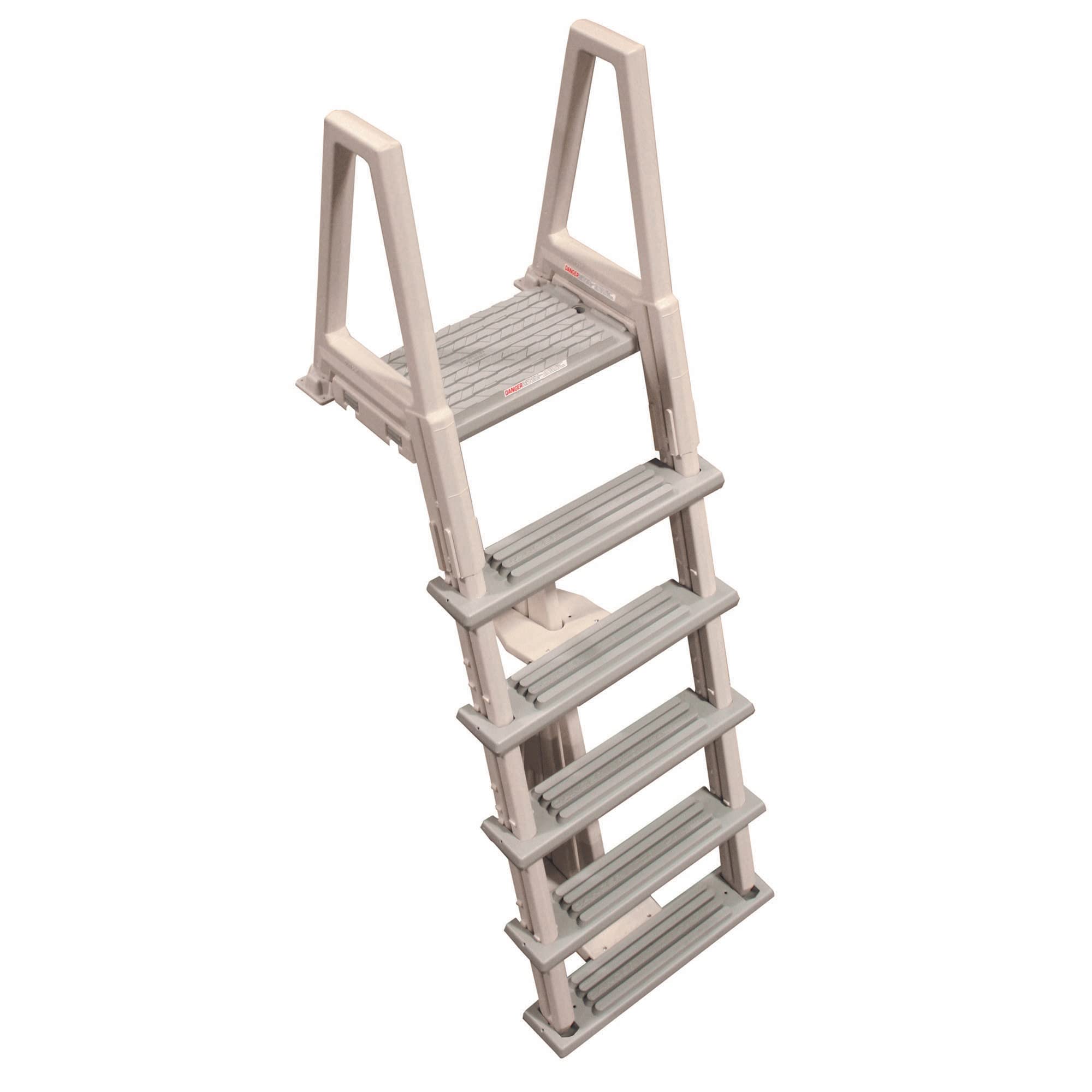 Confer Heavy Duty Adjustable Above Ground in Pool Swimming Pool Ladder with Deck Platform, White Side Rails, and Grey Treads, Blue