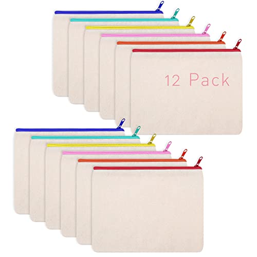 Small Canvas Bags with Zipper, Zipper Pouch 12 Pack, DIY Craft Bag Canvas Makeup Bags Cosmetic Bag Multipurpose Travel Toiletry Pouch Blank Stationery Pencil Pouch with Colorful Zipper, Beige
