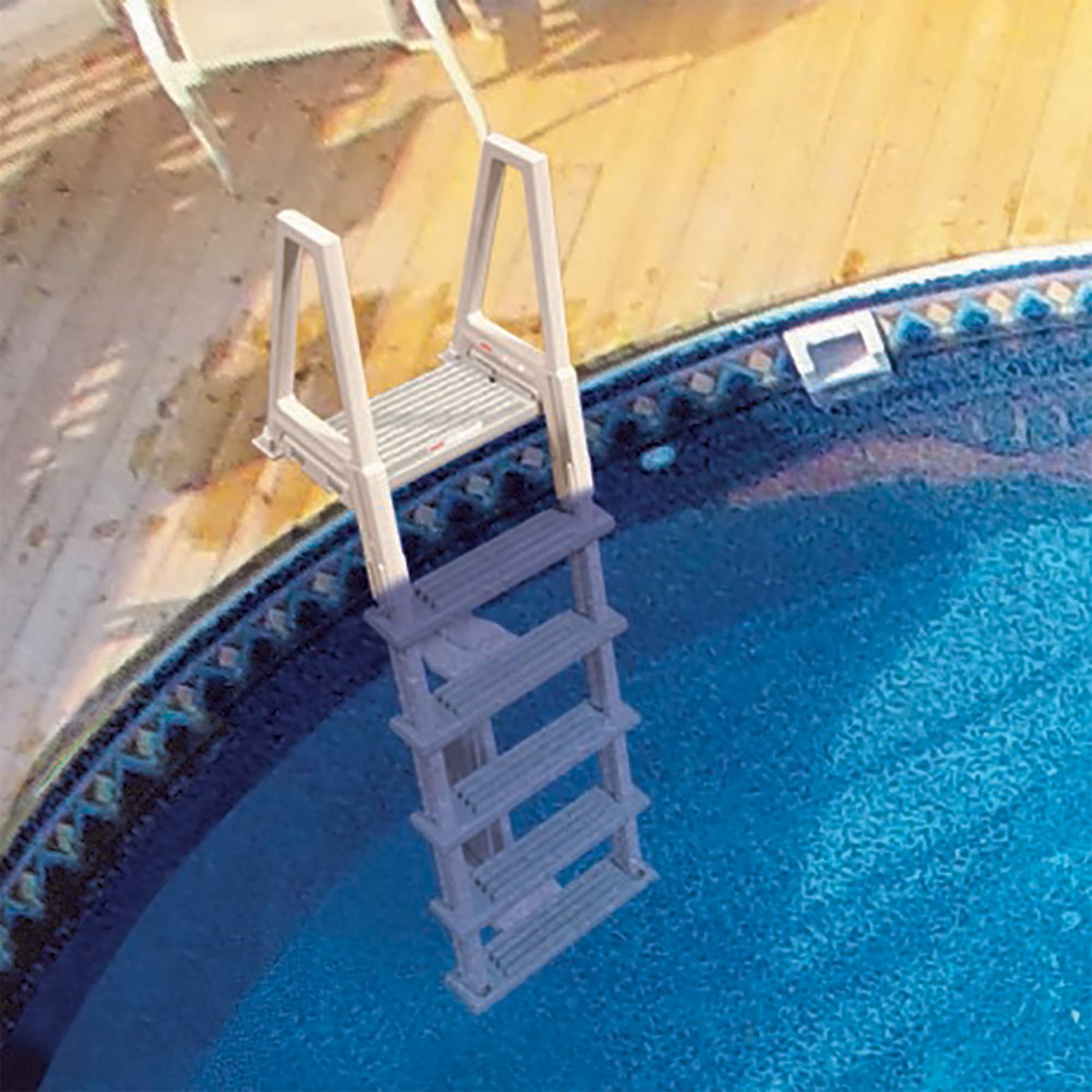 Confer Heavy Duty Adjustable Above Ground in Pool Swimming Pool Ladder with Deck Platform, White Side Rails, and Grey Treads, Blue