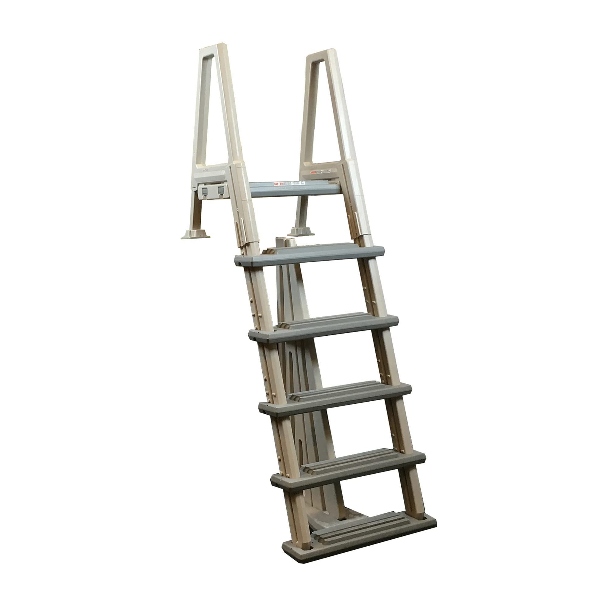 Confer Heavy Duty Adjustable Above Ground in Pool Swimming Pool Ladder with Deck Platform, White Side Rails, and Grey Treads, Blue