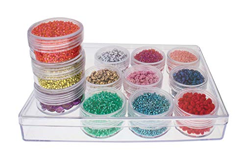 The Beadsmith Personality Case - Clear Storage Organizer Box – 6.4 x 4.8 x 1 inches - Includes 12 Small Containers with lids - 1.5 x 0.8 inches, Bead Holder