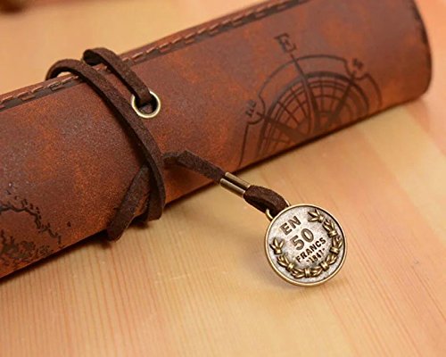 ANTIMAX Vintage Roll Up Pencil Case Creative Map Matte Smooth Cover Pencil Pouch Art Makeup Cosmetic Pouch with Pendant for Business School Gifts Matte Dark Coffee