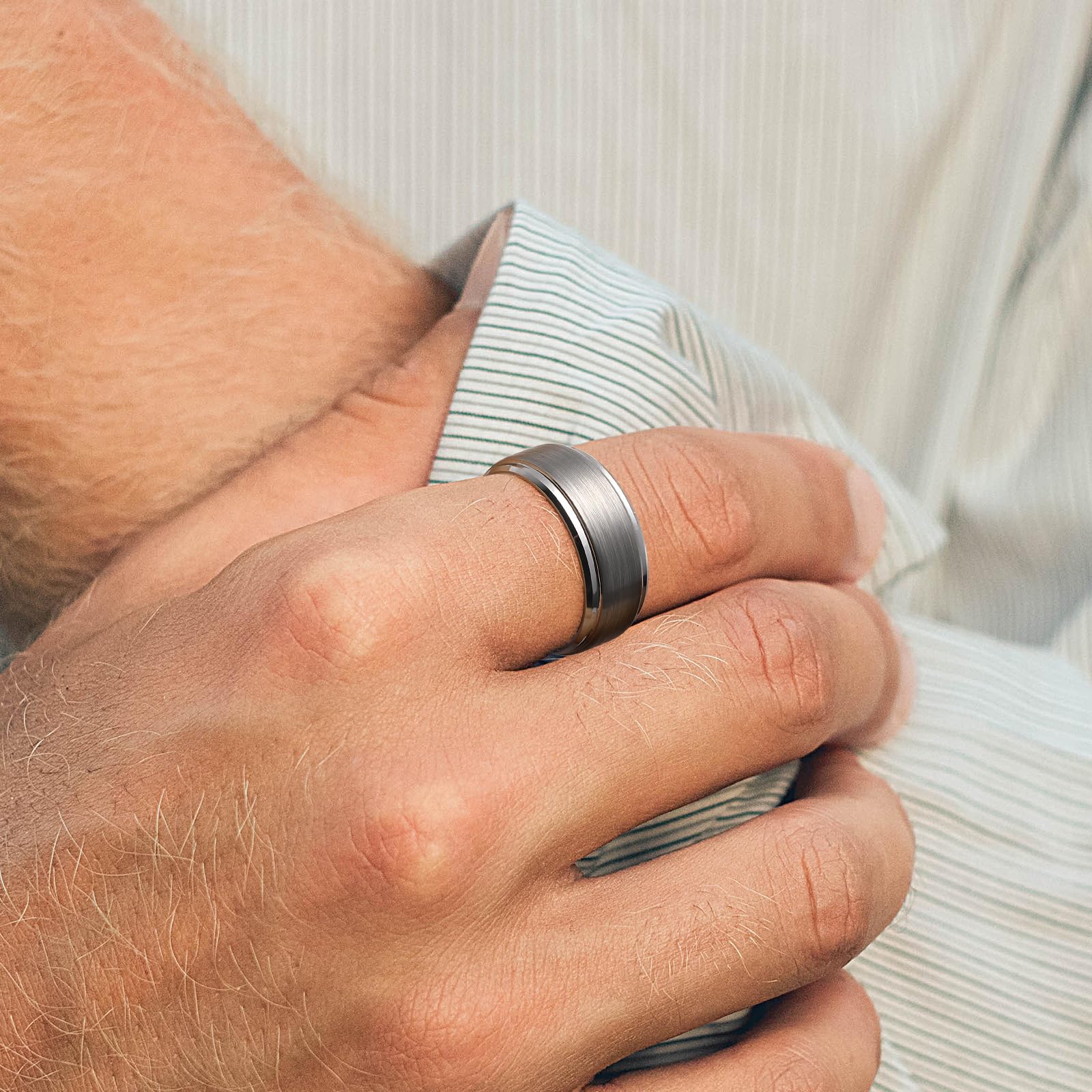King Will BASIC Men's Tungsten Carbide Ring 8mm Polished Beveled Edge Matte Brushed Finish Center Wedding Band(11)