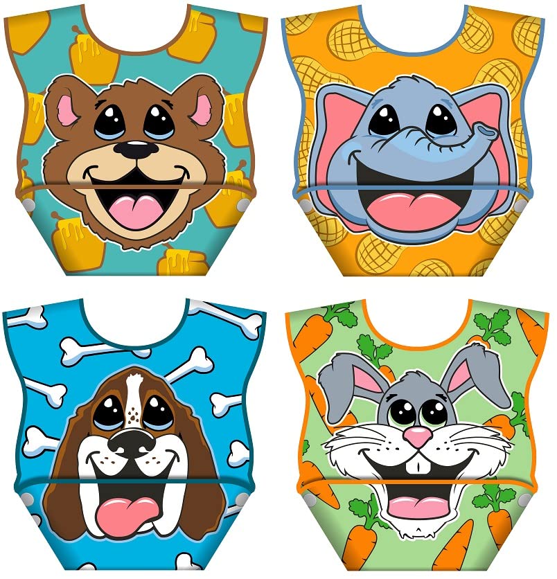 LA Baby Crumb Snatcher Waterproof Pocket Bib Small, Catch-All Pocket Design, 4-Pack (Bear, Puppy, Elephant, Rabbit)