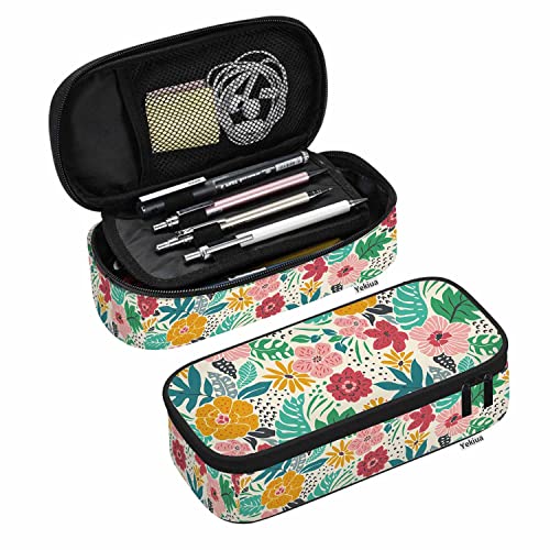 Yekiua Floral Pencil Case Flower Field Leaves Big Capacity Pencil Pouch Office College School Makeup Bag For Teens Girls Adults Student Colorful