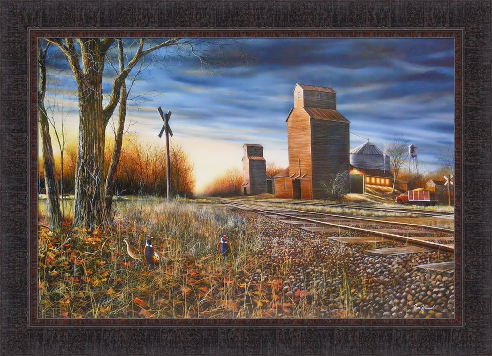 The Harvest Season by Jim Hansel 24x33 Pheasants Railroad Tracks Grain Elevator Framed Art Print Wall Décor Picture