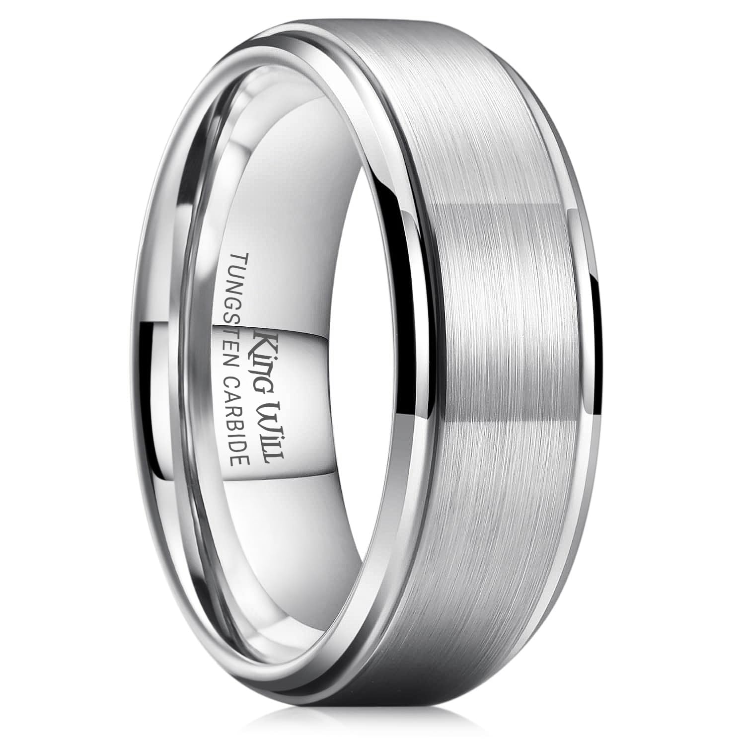 King Will BASIC Men's Tungsten Carbide Ring 8mm Polished Beveled Edge Matte Brushed Finish Center Wedding Band(11)