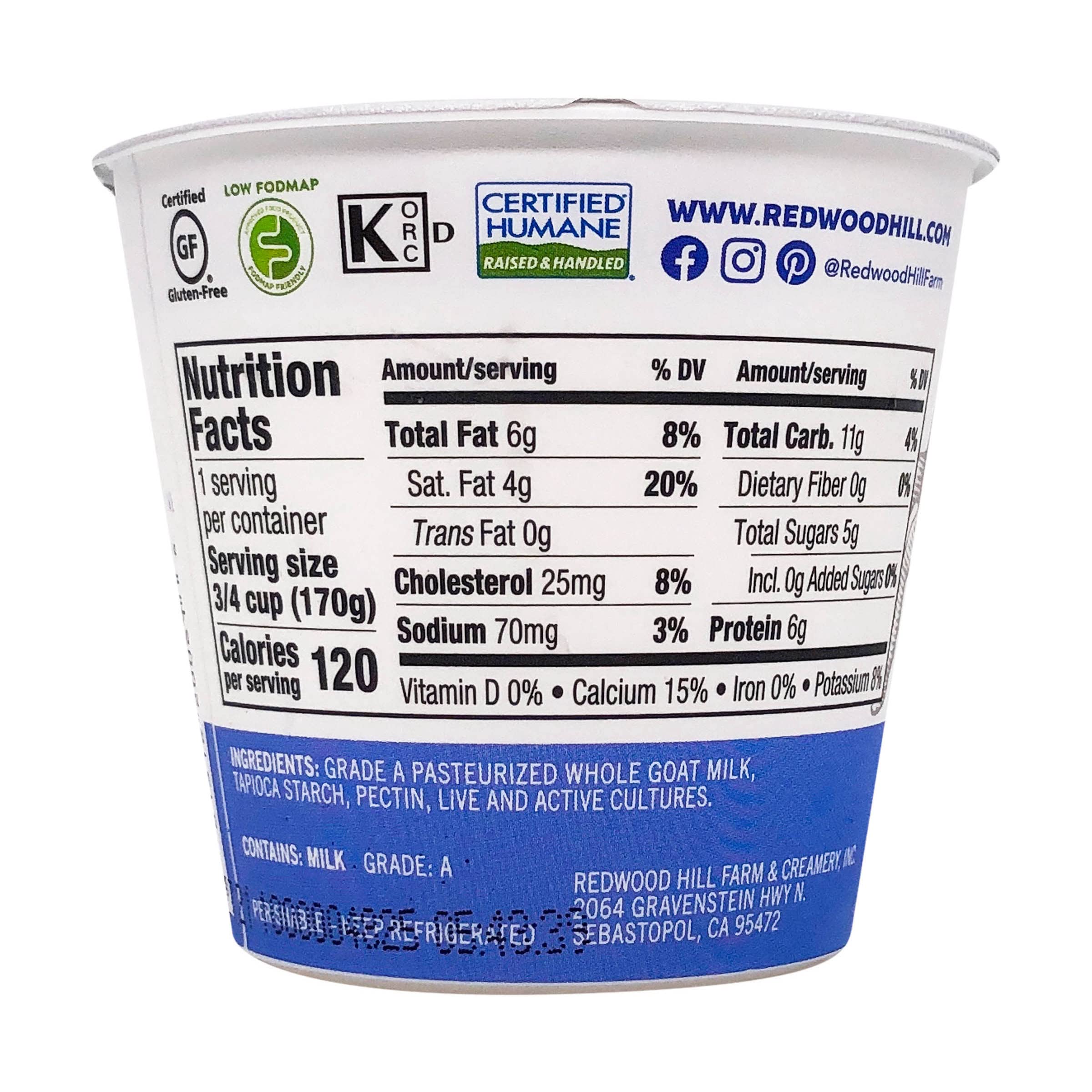 Redwood Hill Farm, Goat Milk Yogurt, Plain, 6 oz
